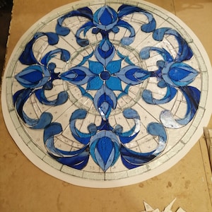 Round Geometric Blue Stained Glass Window Hanging Panel Suncatcher - Etsy