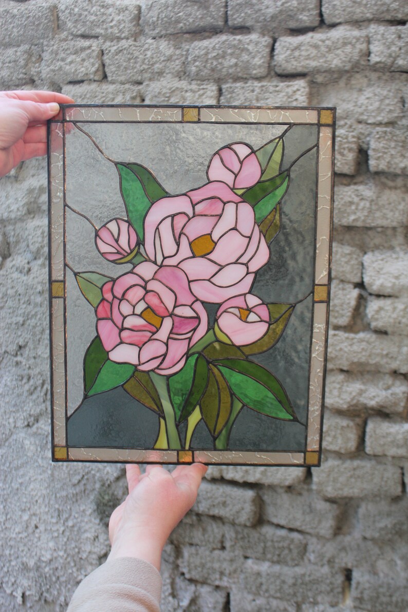 Peony Flower Stained Glass Panel Suncatcher Floral Decor - Etsy