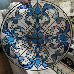 Round Geometric Blue Stained Glass Window Hanging Panel Suncatcher - Etsy