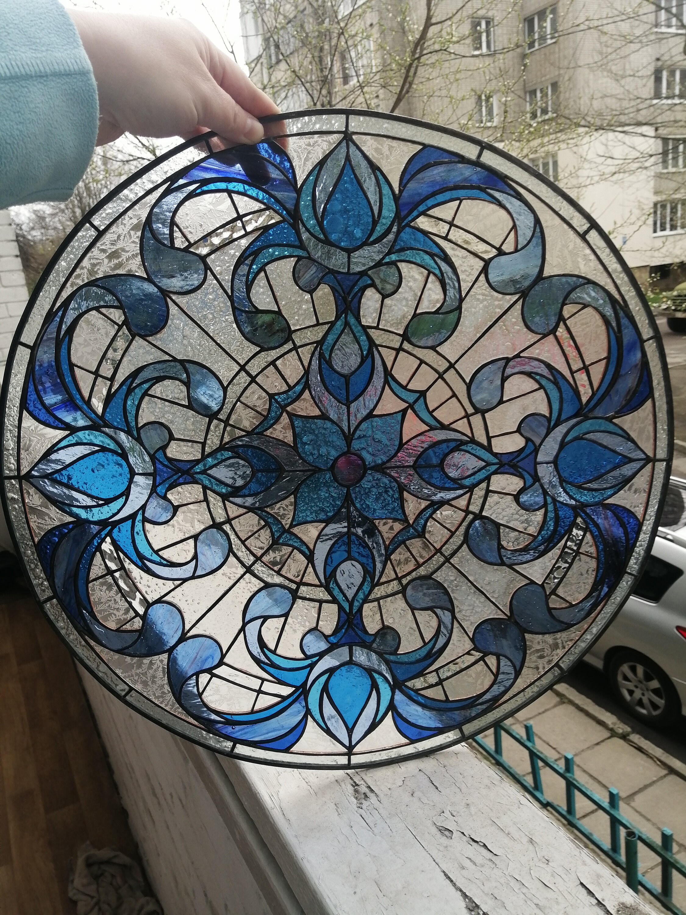 Round Geometric Blue Stained Glass Window Hanging Panel Suncatcher - Etsy