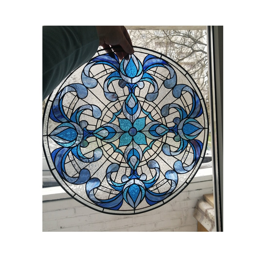 Round Geometric Blue Stained Glass Window Hanging Panel Suncatcher - Etsy