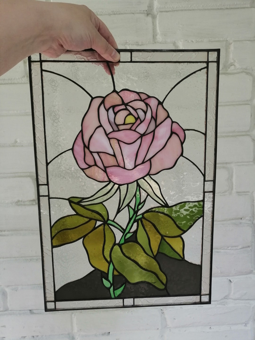 Pink Rose Stained Glass Panel Window Hanging Flower Suncatcher Tiffany ...