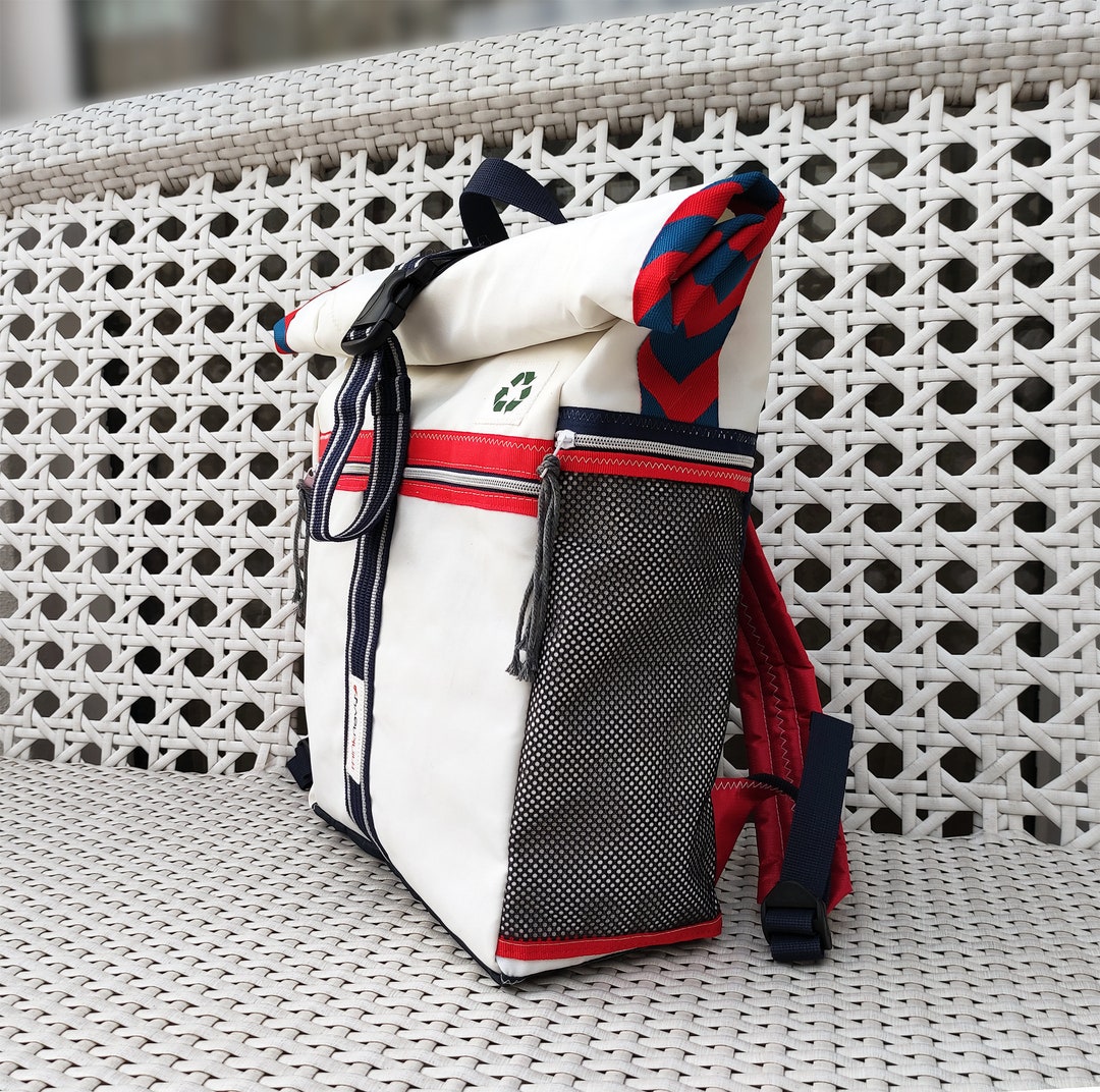 White Red Sailcloth Waterresistant Roll Top Backpack, Unisex Recycled ...