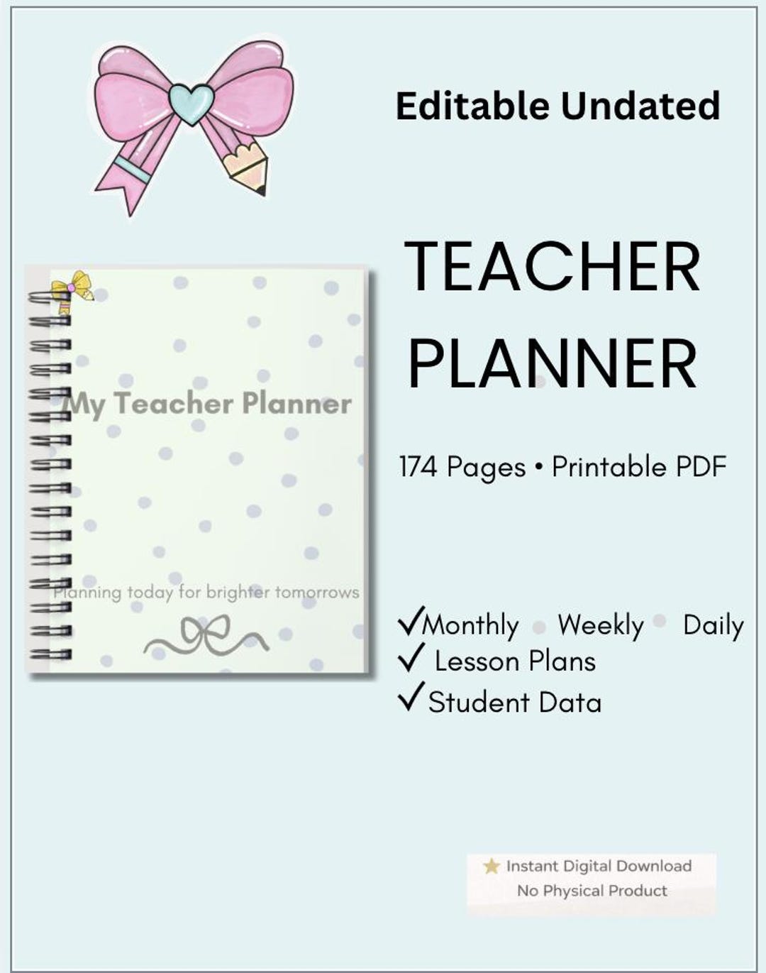 Undated Teacher Planner Printable | 174 Page Teacher Binder | Monthly ...