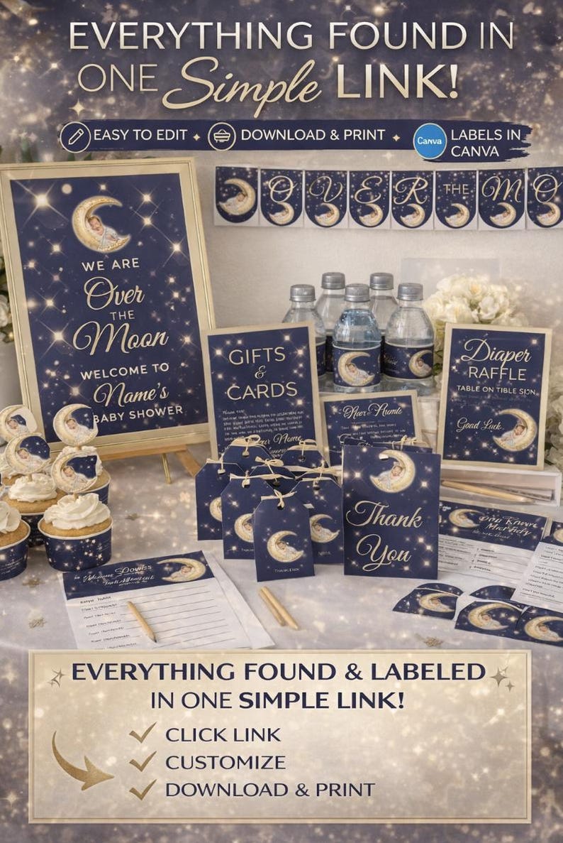 Over the Moon Baby Shower Bundle Editable Canva Kit | Complete Shower ...