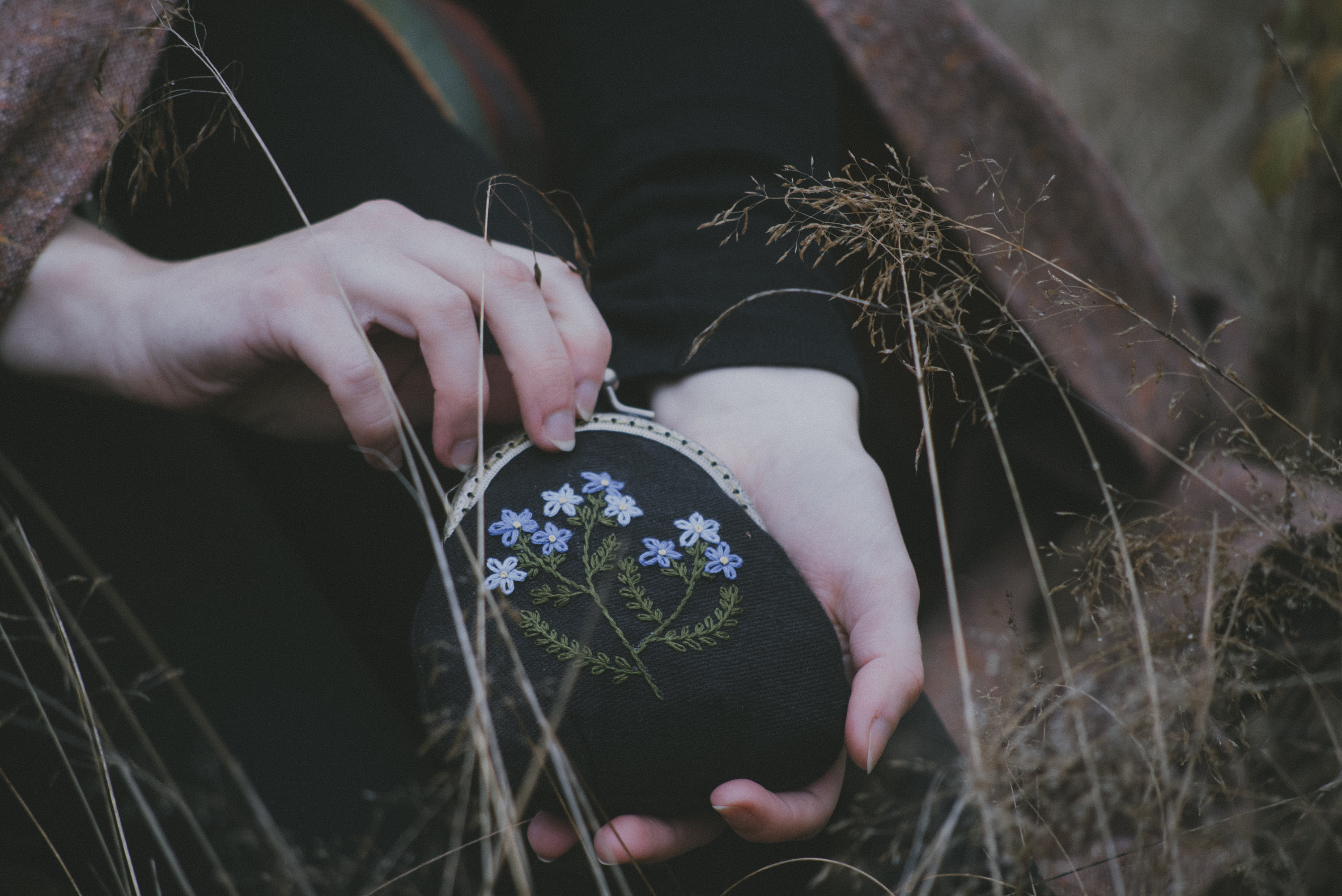 Linen Purse Hand Embroidered, Blue Flowers Forget-me-nots Motifs, Black ...