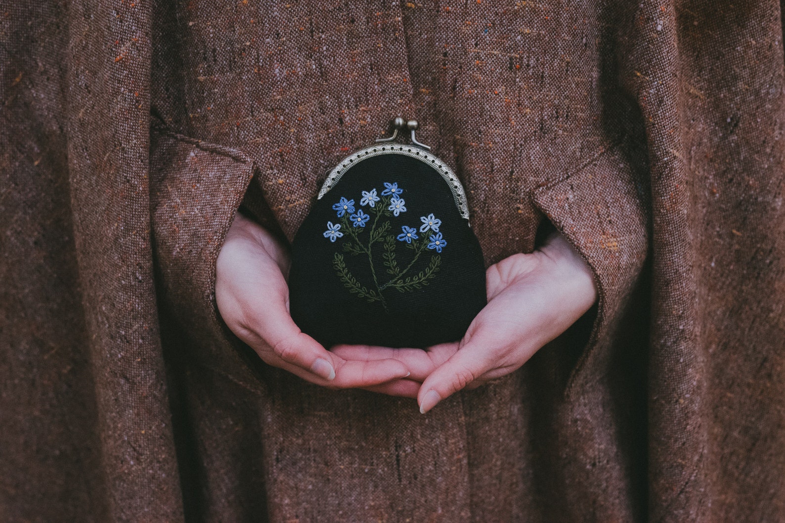 Linen Purse Hand Embroidered, Blue Flowers Forget-me-nots Motifs, Black ...