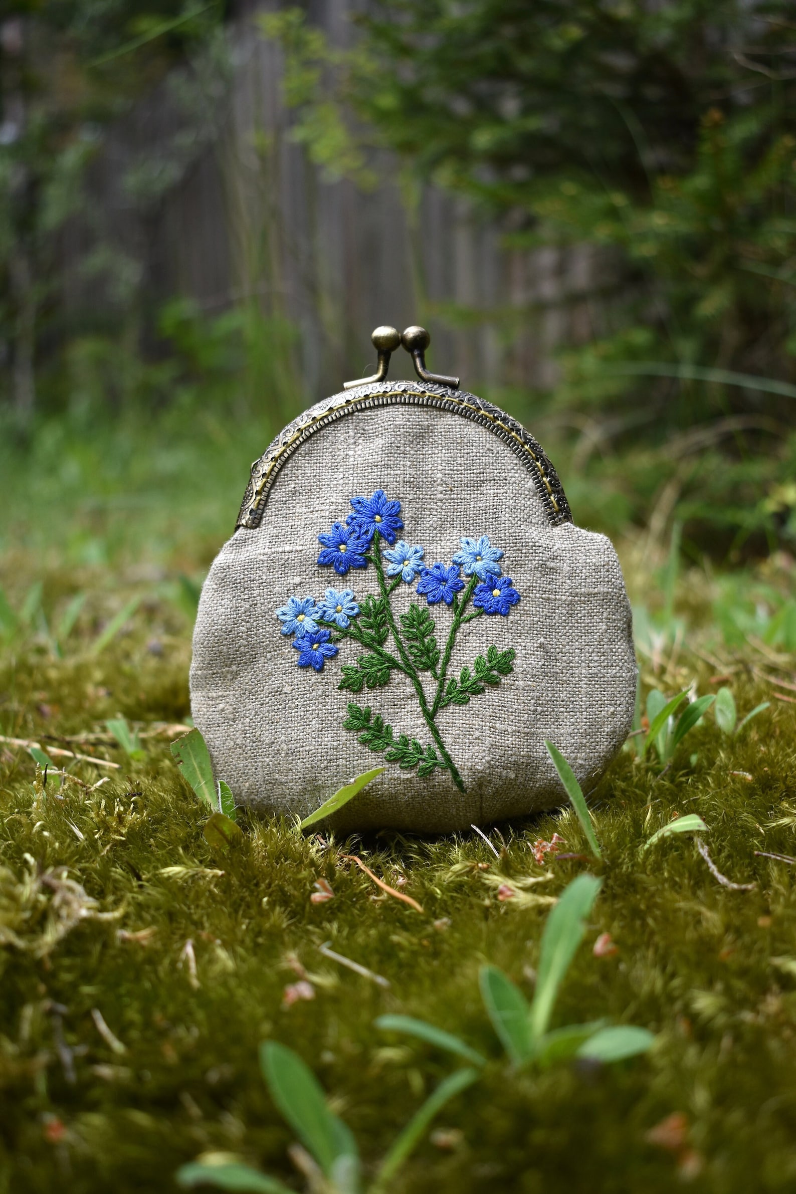 Linen Purse Hand Embroidered, Blue Flowers Forget-me-nots, Upcykling ...