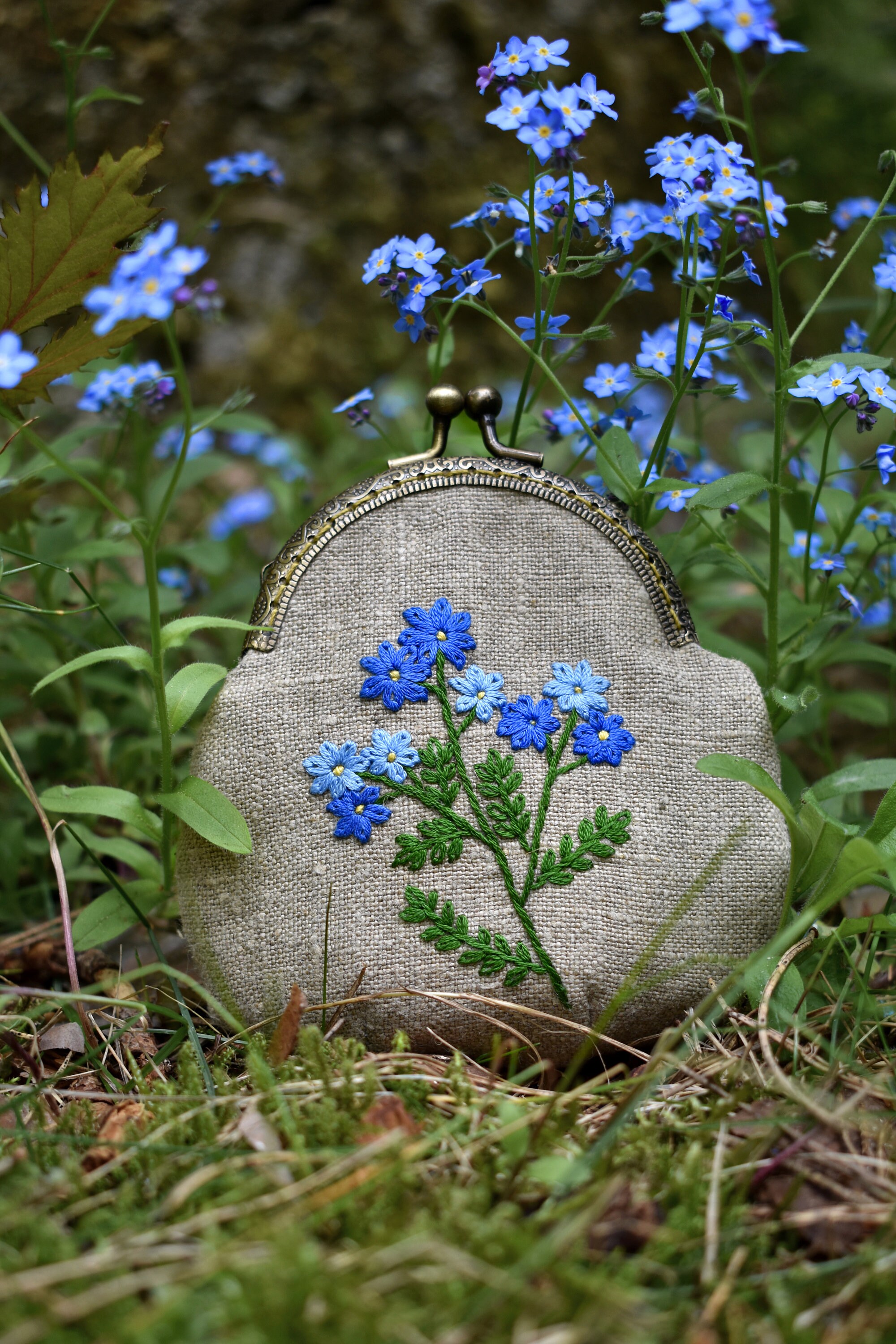 Linen Purse Hand Embroidered, Blue Flowers Forget-me-nots, Upcykling ...