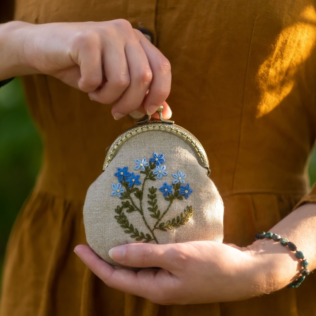 Linen Purse Hand Embroidered, Blue Flowers Forget-me-nots, Upcykling ...