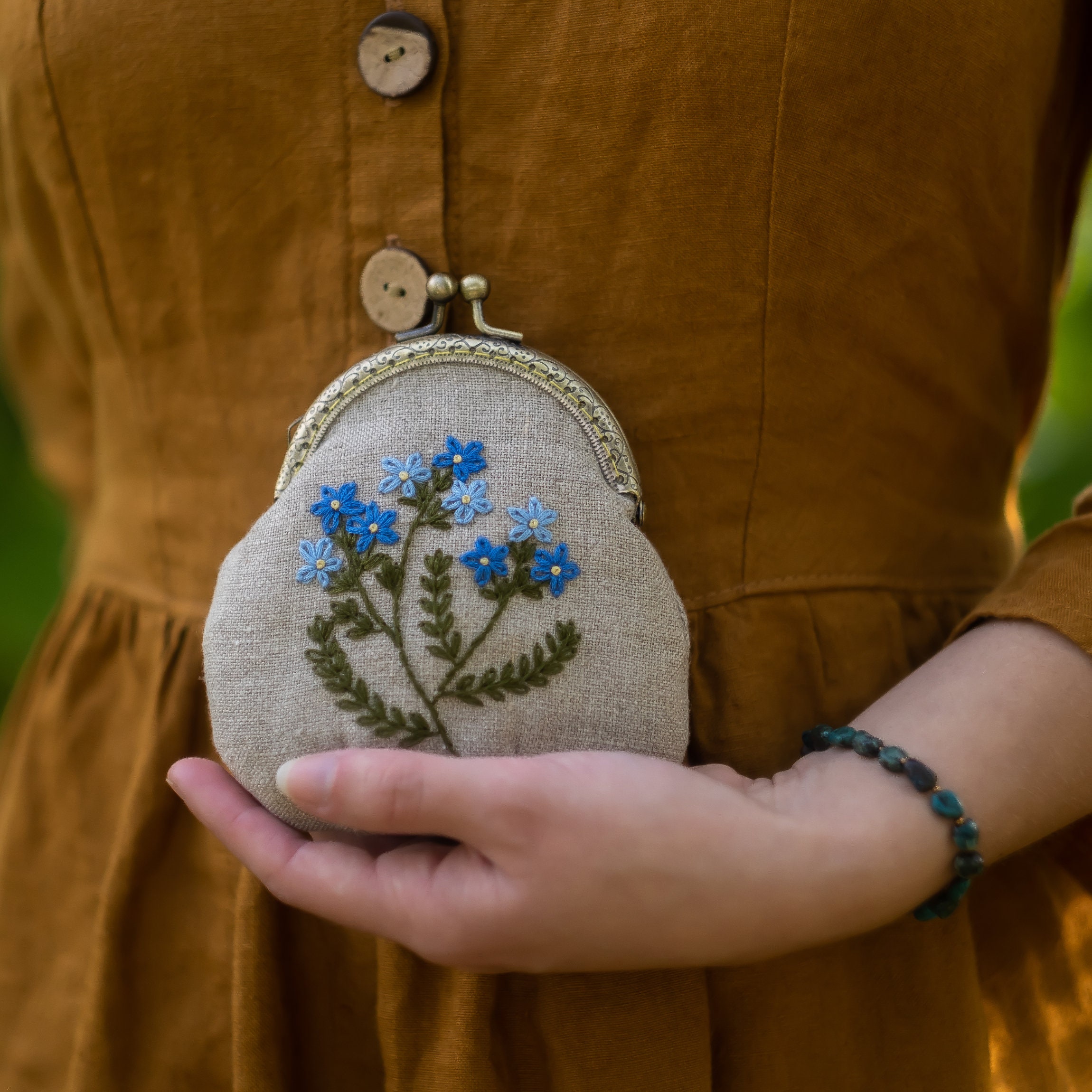 Linen Purse Hand Embroidered, Blue Flowers Forget-me-nots, Upcykling ...