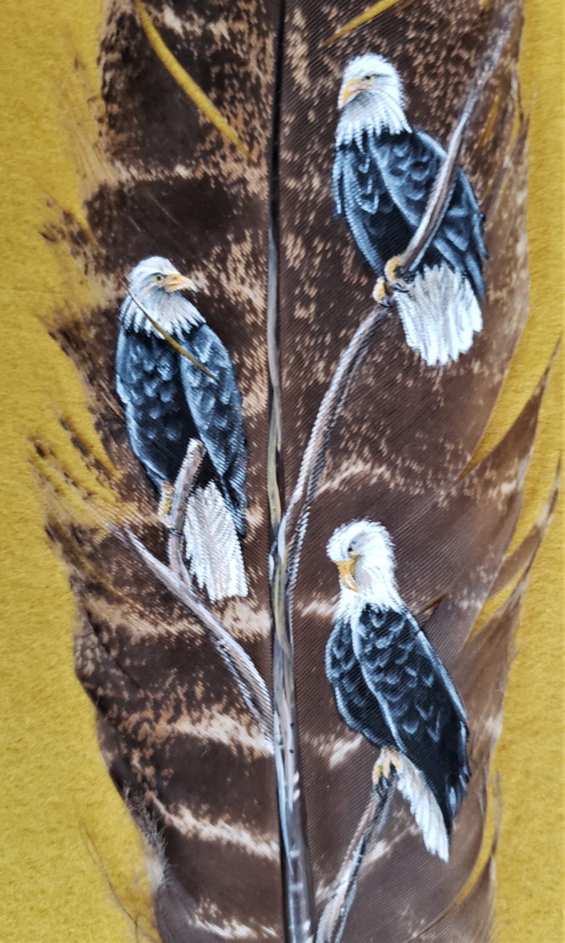 Hand Painted Feather With 3 Eagles Perched in Tree is a Perfect Gift ...