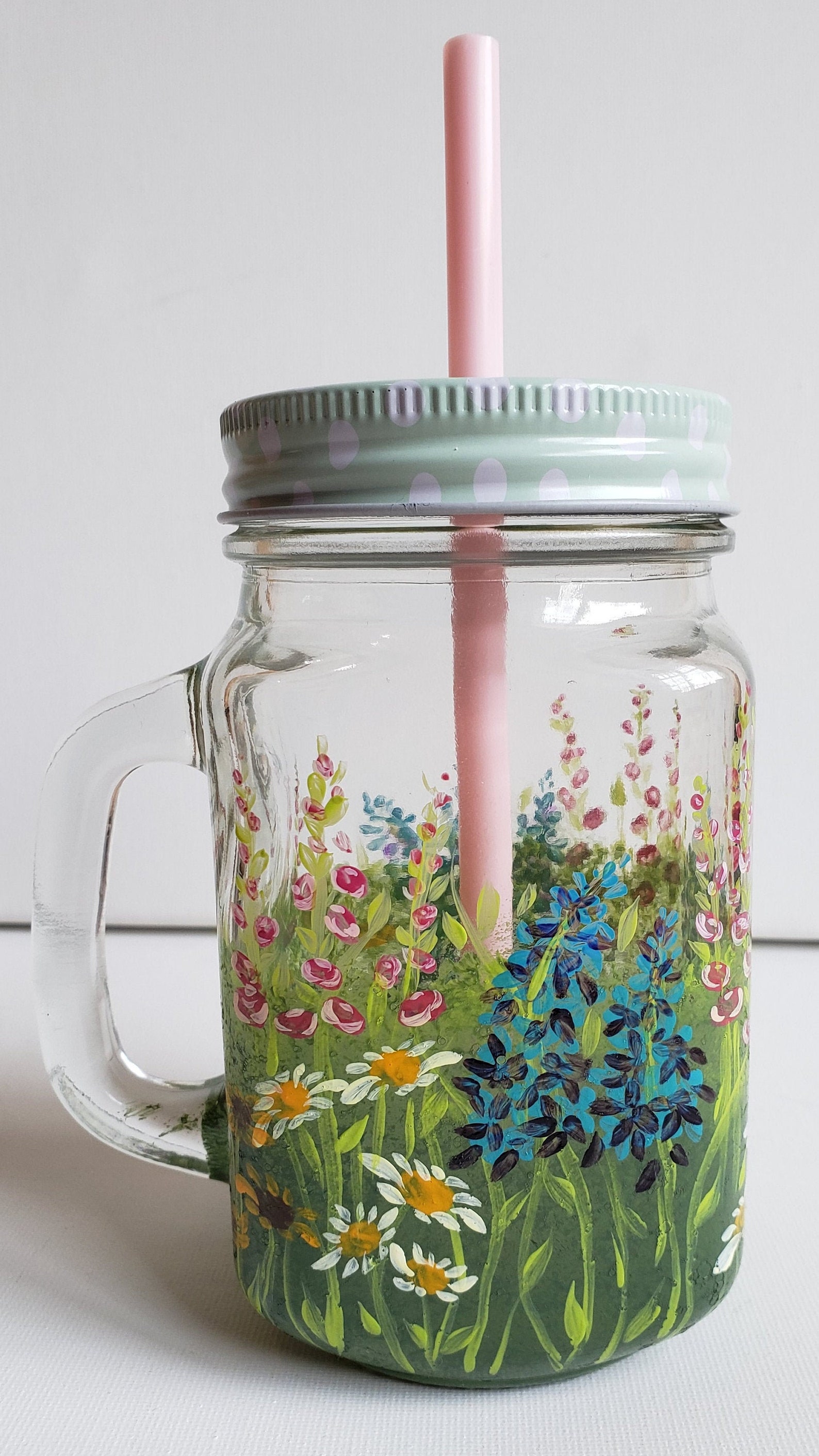 Mason jar drinking glass hand-painted w/ flowers makes a nice | Etsy