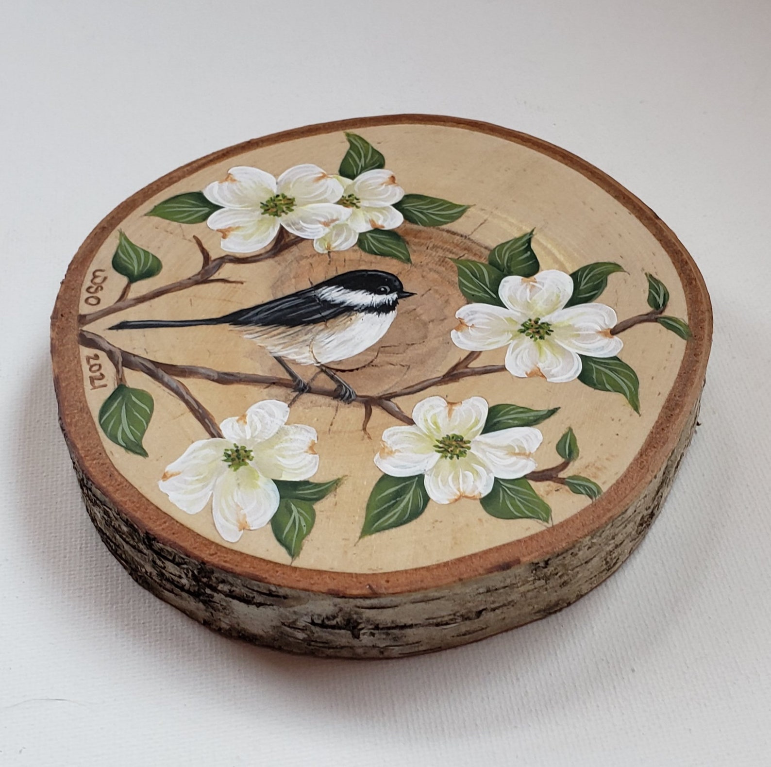 Chickadee Perched on Dogwood Branch, Painted on a Slab of Birch Wood is ...