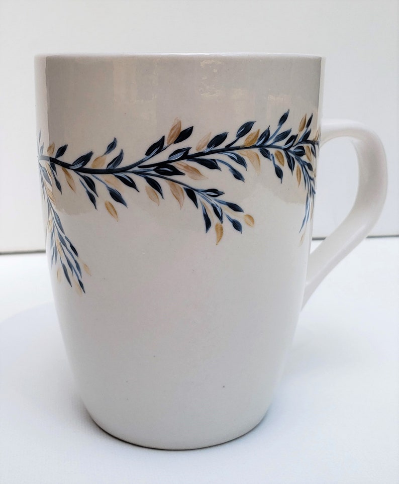 Hand Painted Mug With Blue and Gold Leaves is the Perfect Gift for a ...
