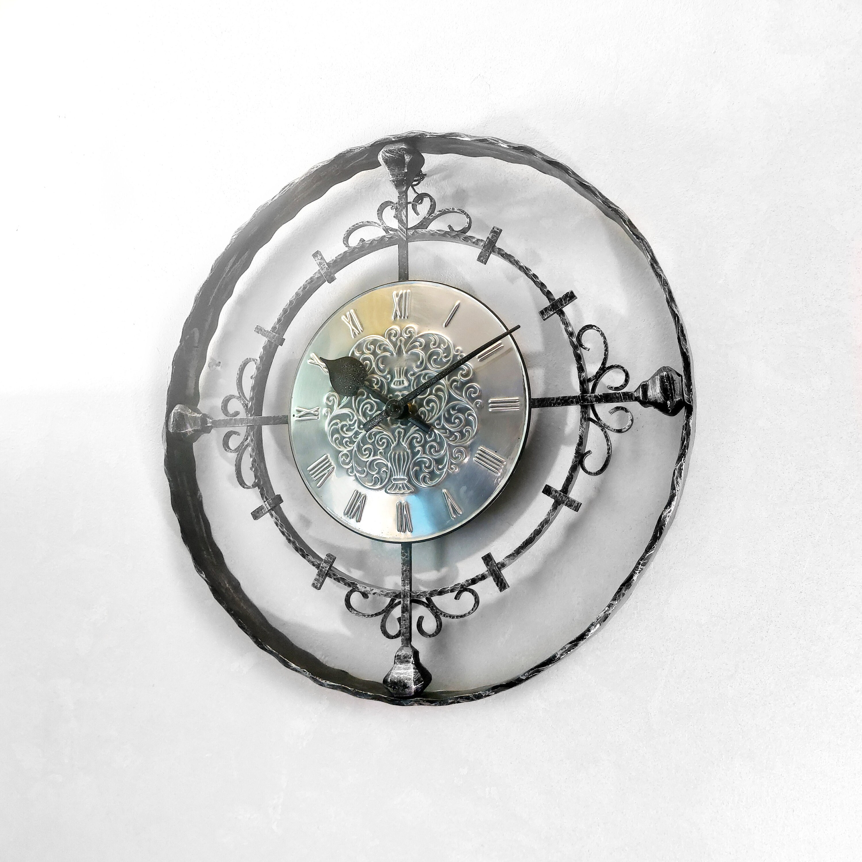 Emes Germany Wrought Iron Clock From 1970s Black and Silver With Emboss ...