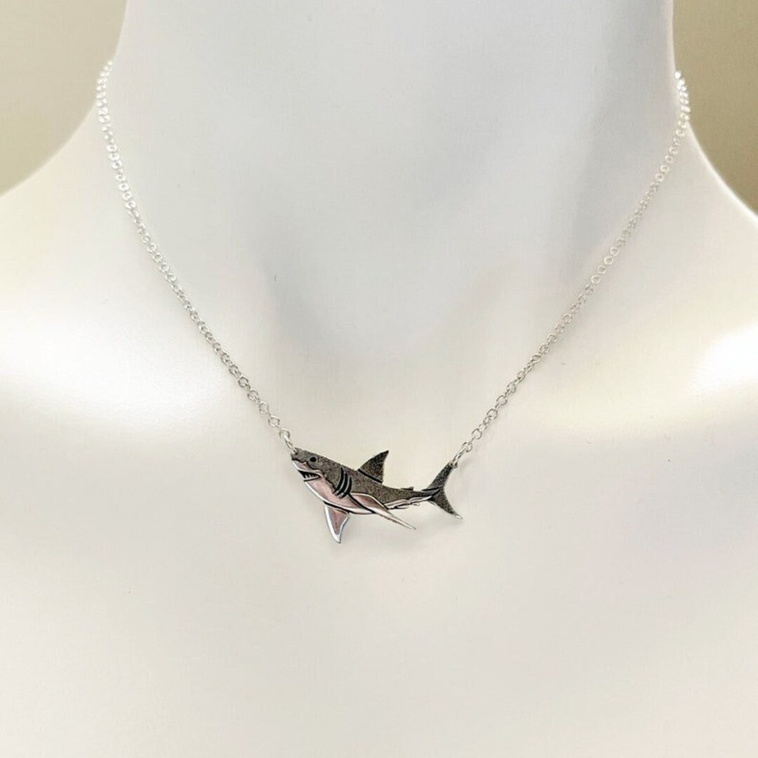 Great White Shark Necklace, Sterling Silver, Adjustable Chain, Shark ...