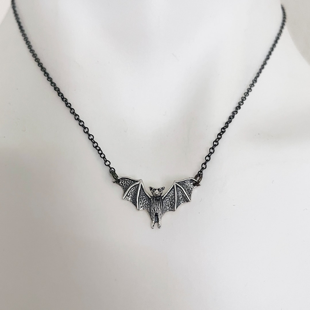 Detailed Bat Necklace, Sterling Silver, Black Oxidized Chain, Spooky ...