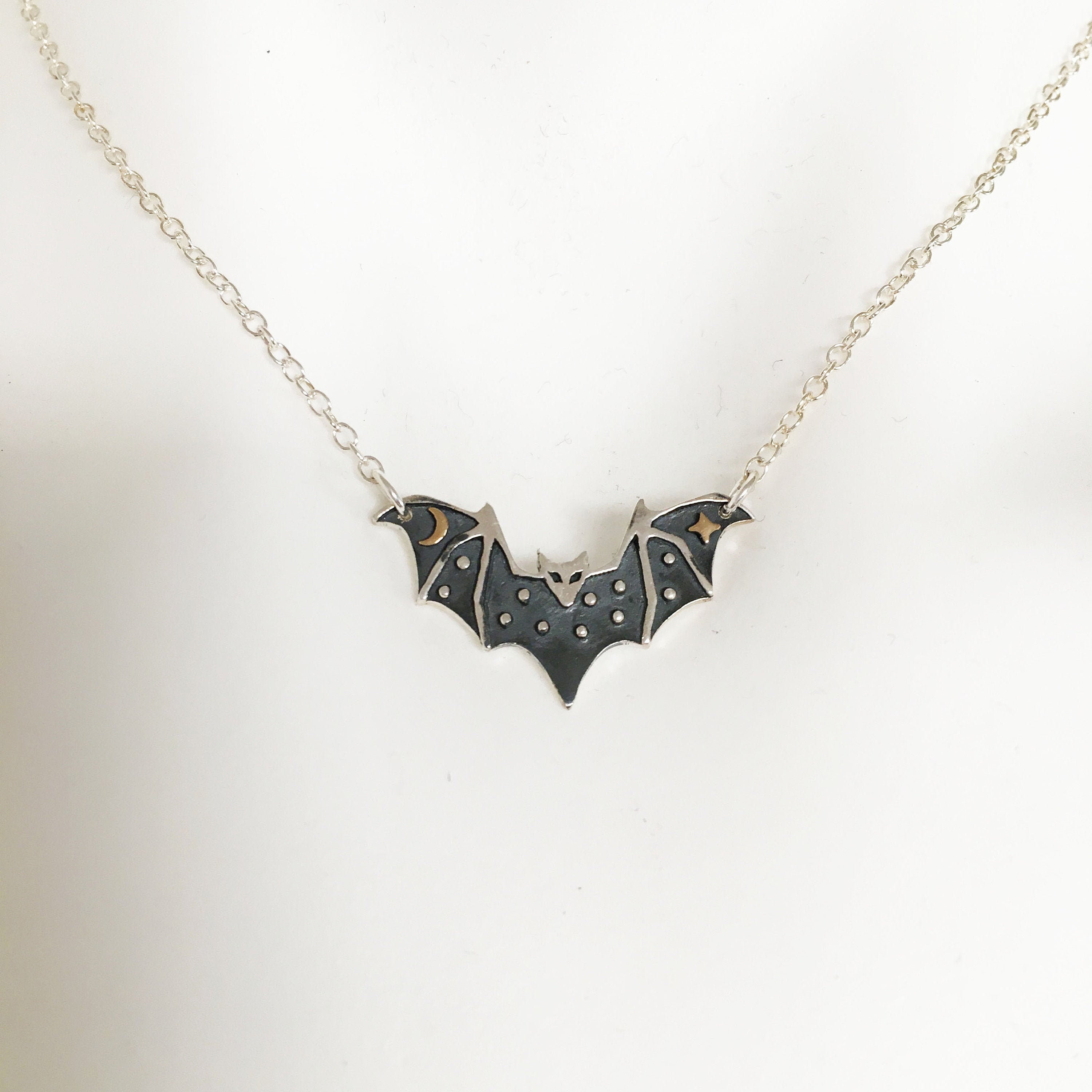 Bat Necklace Sterling Silver Mixed Metal Spooky Halloween | Etsy