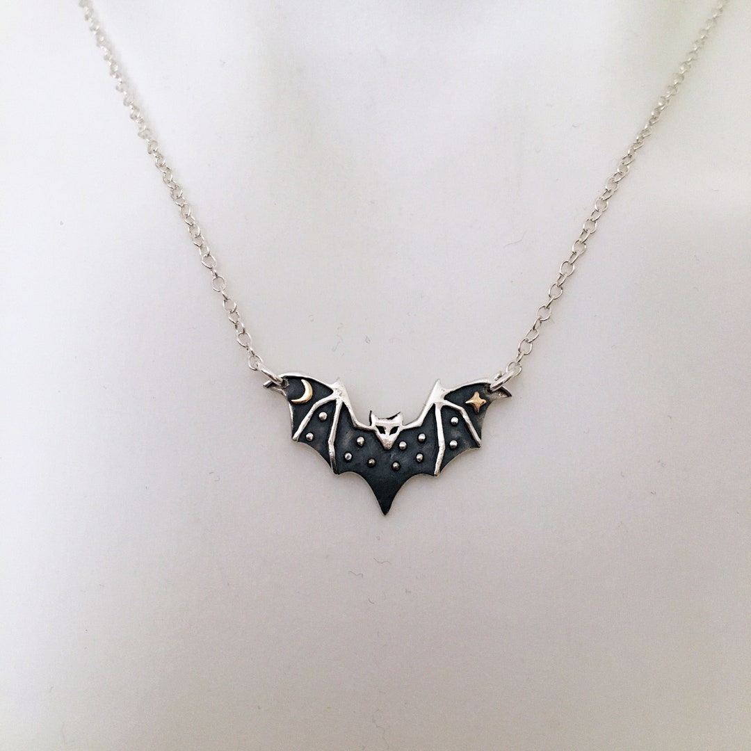 Bat Necklace, Sterling Silver, Mixed Metal, Spooky, Halloween Jewelry ...
