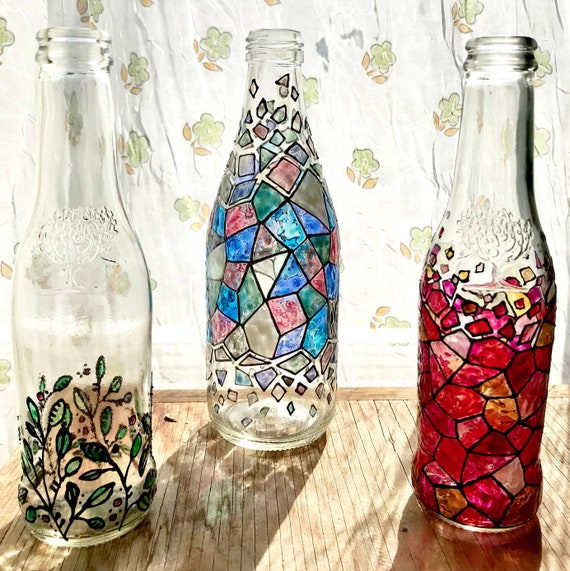 Handpainted Stained Glass Bottle | Etsy