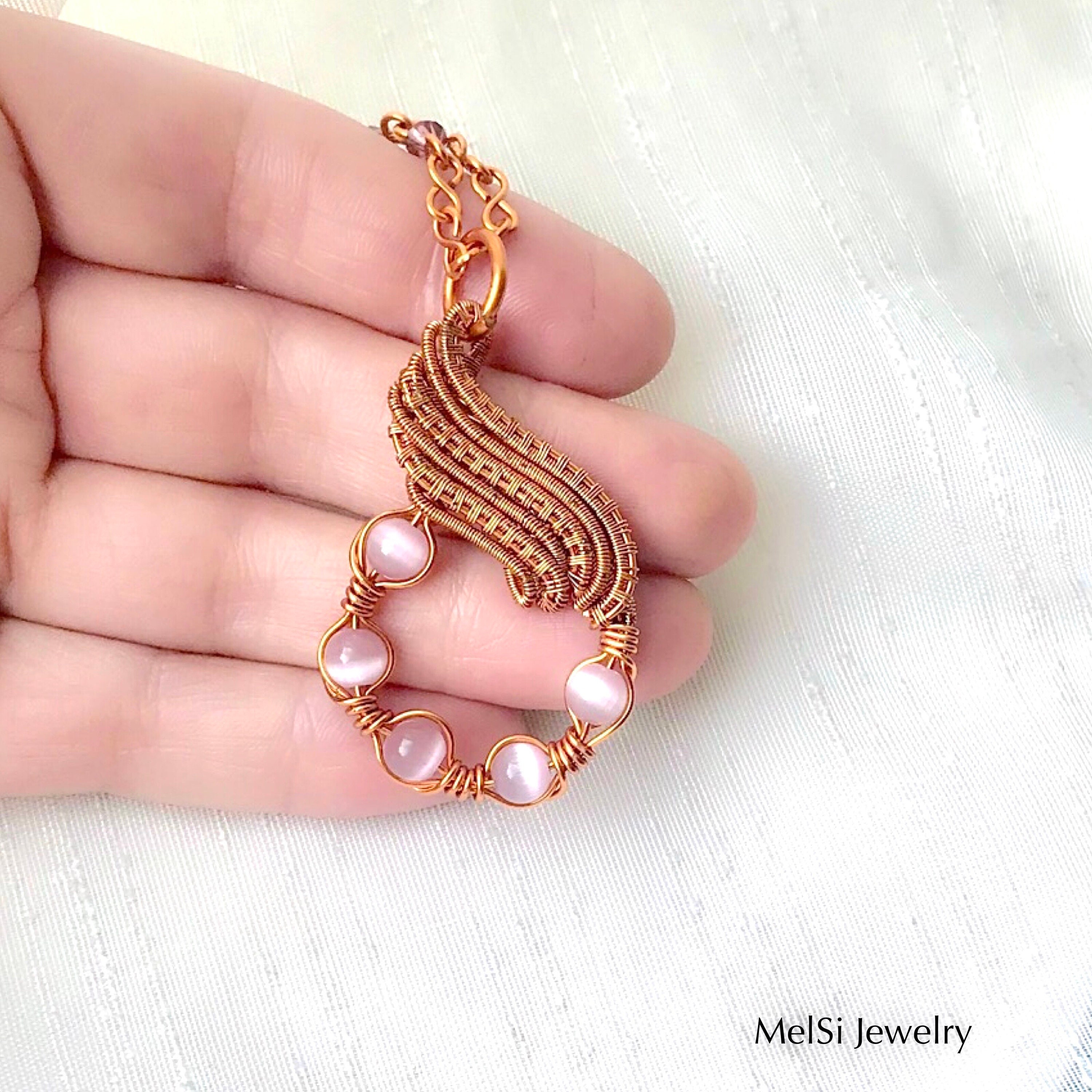 Cat's Eye Necklace Wrapped and Woven in Copper Wire. - Etsy