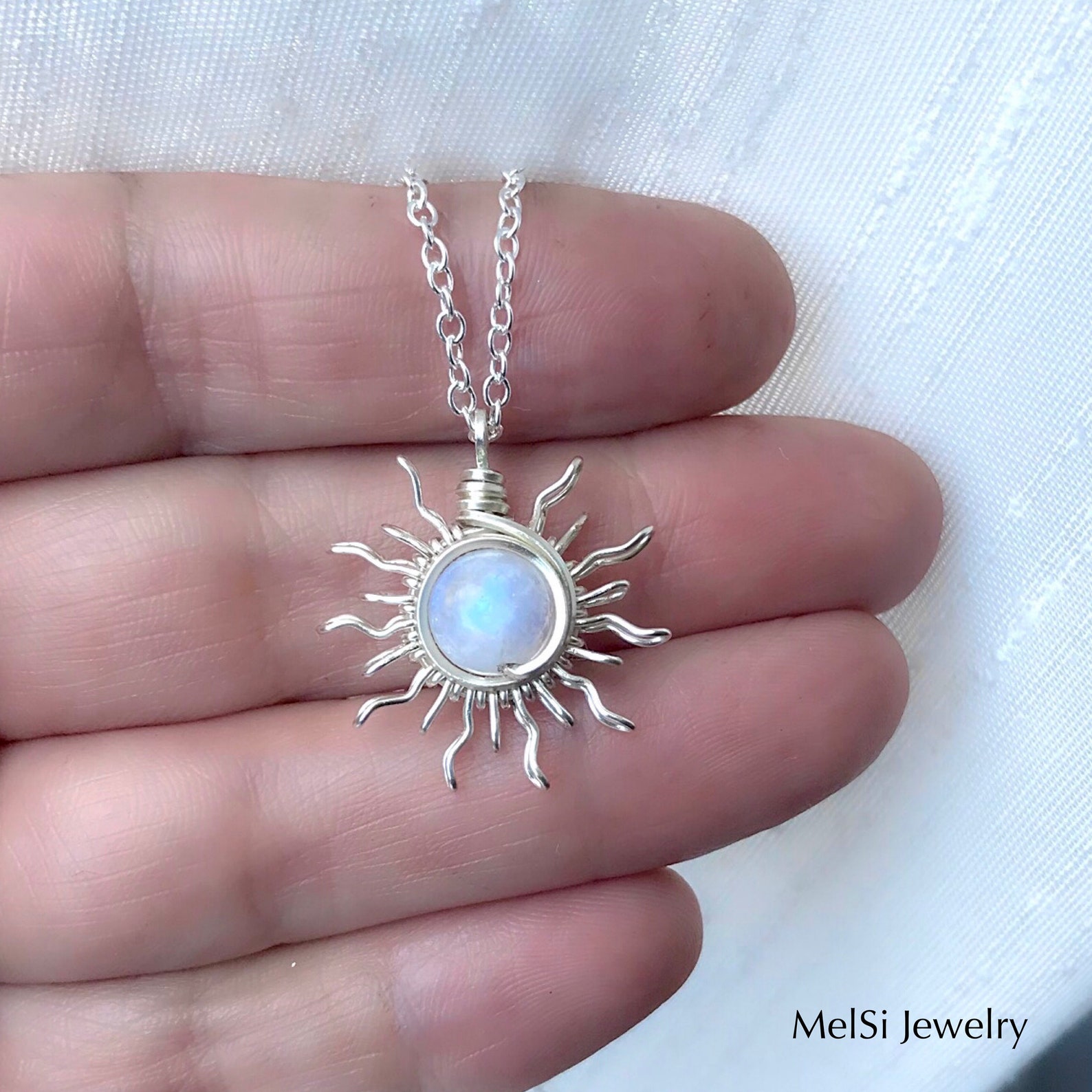 Sun-stone & Moon-stone Sunburst Necklaces. Wire Wrapped Sunburst ...