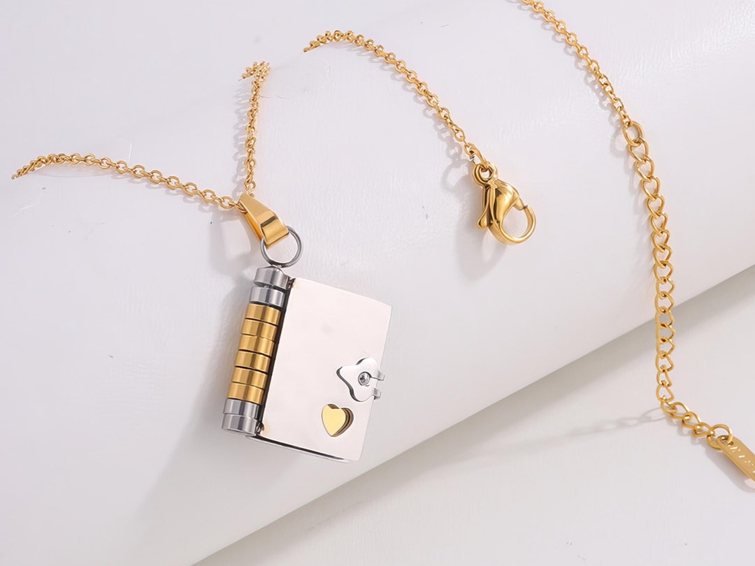 Mini Book Pendant Necklace: 18K Gold Plated Stainless Steel Literary ...