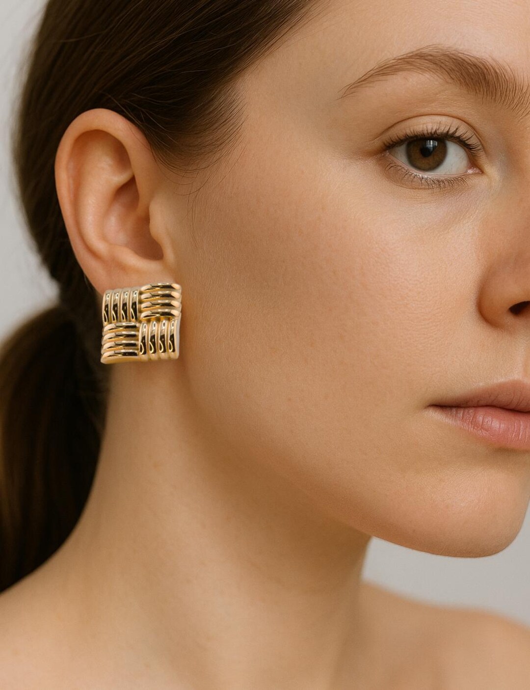 Gold Grid Statement Earrings: Retro 80s Style Studs - Etsy