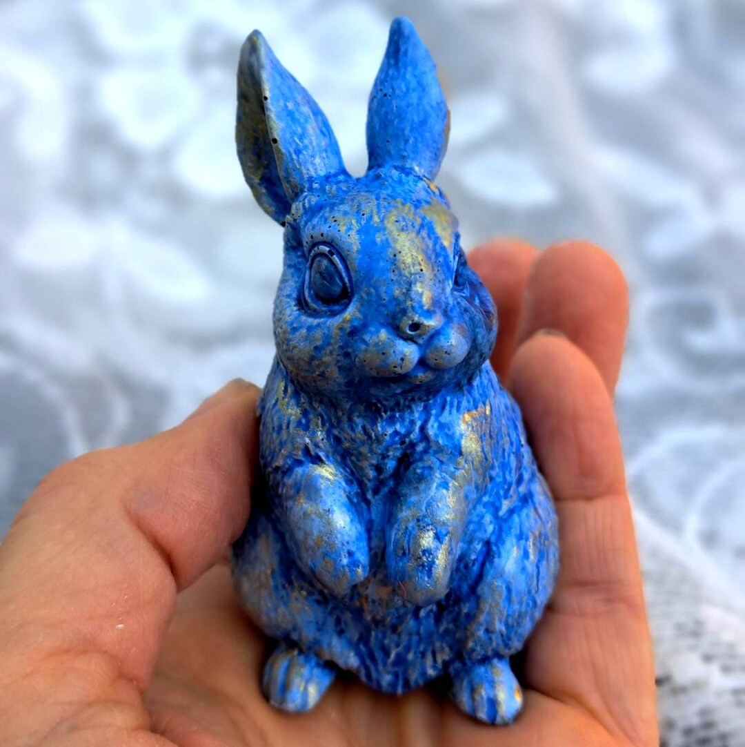 Blue Concrete Rabbit, Small Cottagecore Garden Figurine, Hand-painted ...