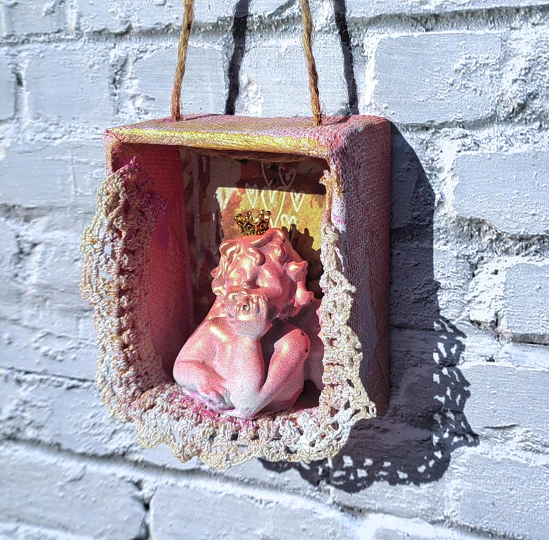 Folk Art Shadow Box, Mixed Media Assemblage, Rustic Decor 3 by 4 Inches ...