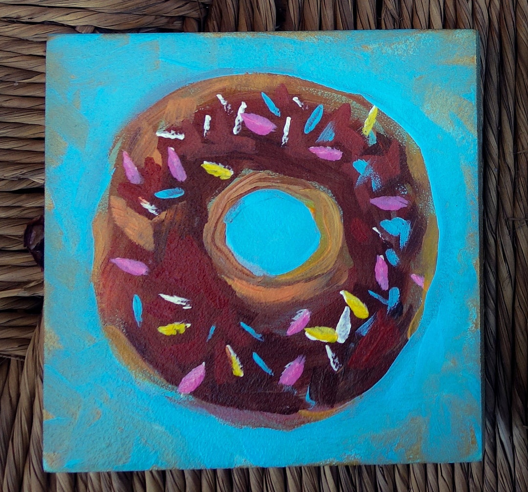 Donut, Doughnut Original Painting on Wood Panel Small Scale 5 X 5 X 0.5 ...