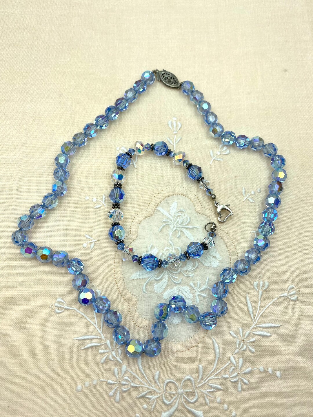 Vintage Blue Glass Crystals Beaded Set Necklace and Bracelet - Etsy