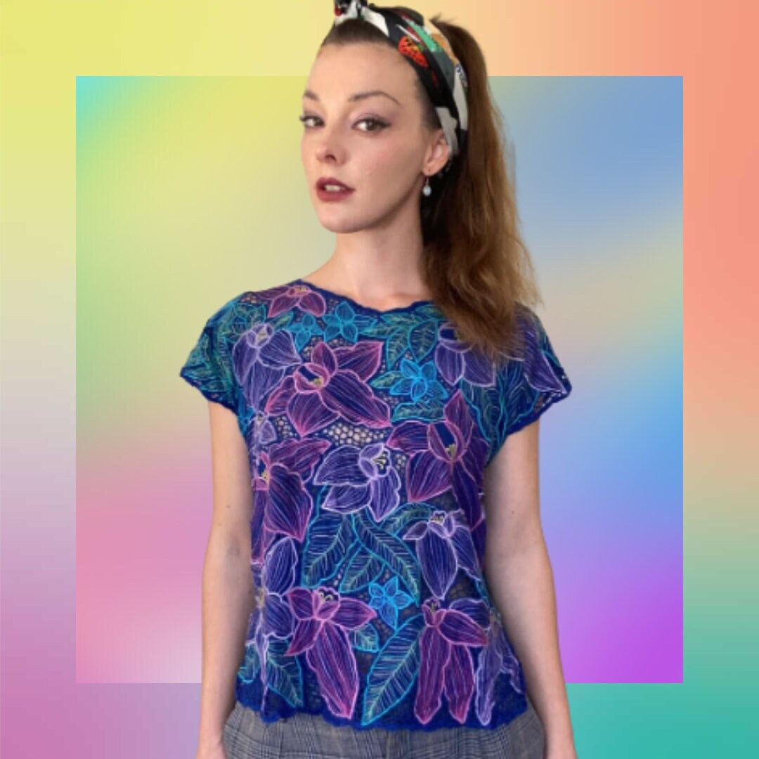 Vintage Blue Embroidered Floral Designtop 1980s - Etsy