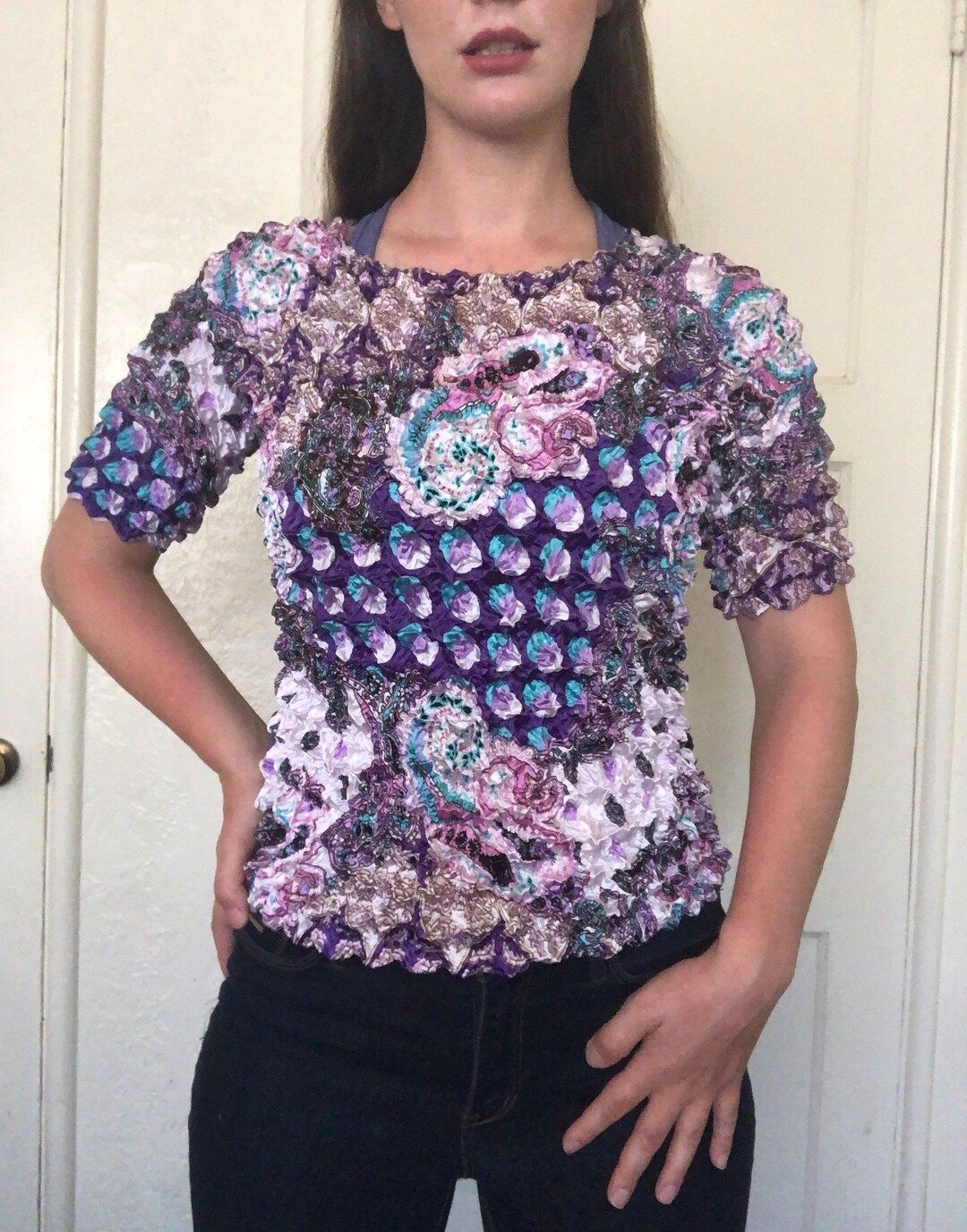 Beautiful Y2K “popcorn” Scrunch Top, in Paisley Lavender, One Size Fits ...