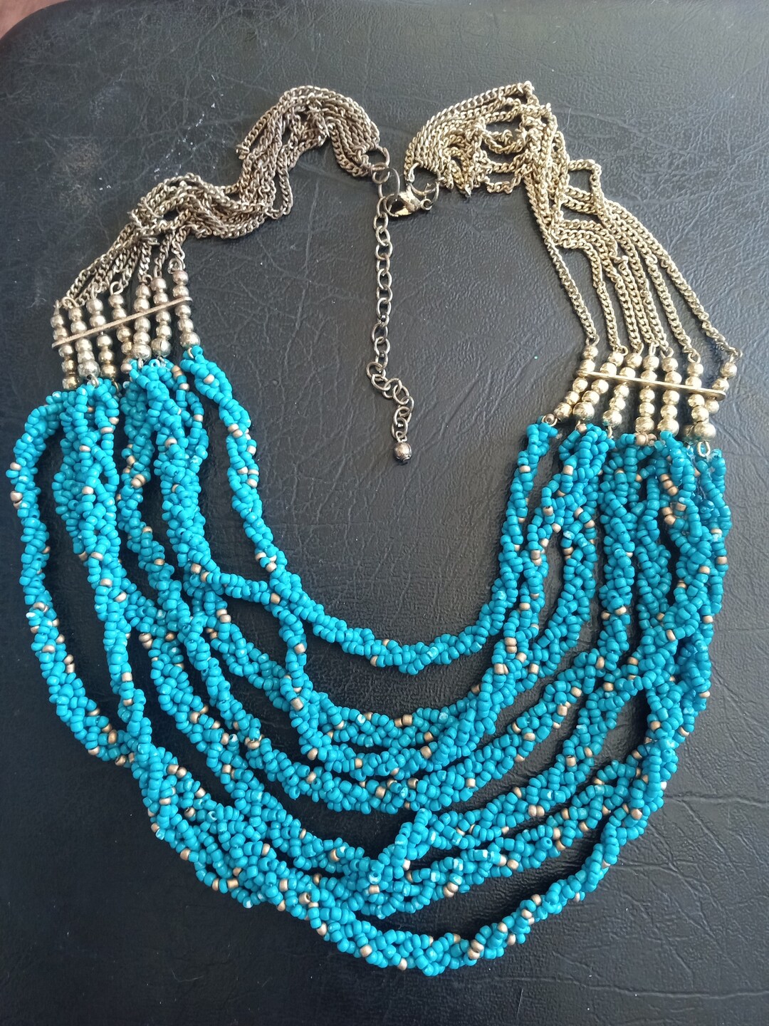 Woven Love Bead Necklace, Multi Strand Bright Blue and Gold Bib. - Etsy