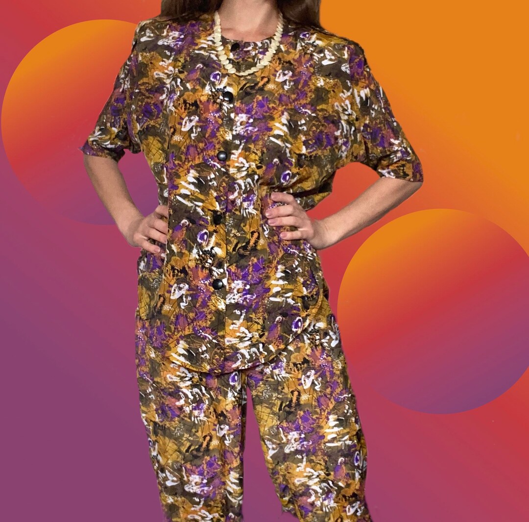 1980s Vintage Two Piece: Gold, Purple and Black Abstract Print Outfit ...
