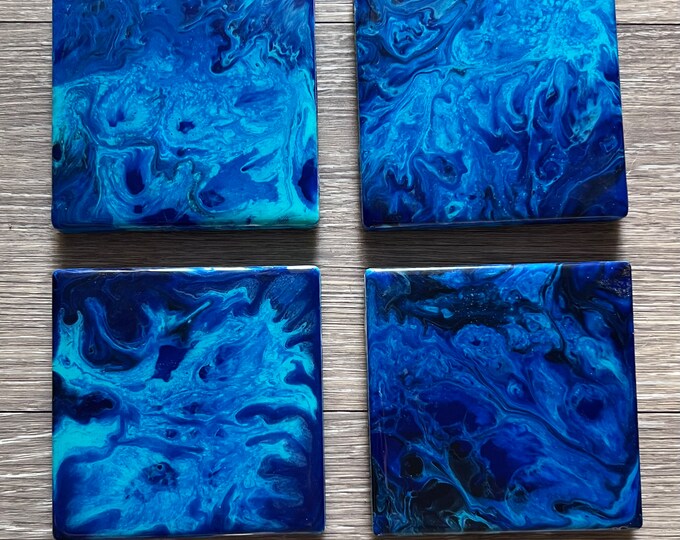 Cerulean Nebula Set of 4 Ceramic Coasters Acrylic Pour Resin - Etsy