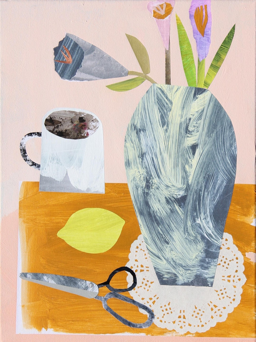 Floral Still Life Painting, Mixed Media Collage Painting, Home Decor ...