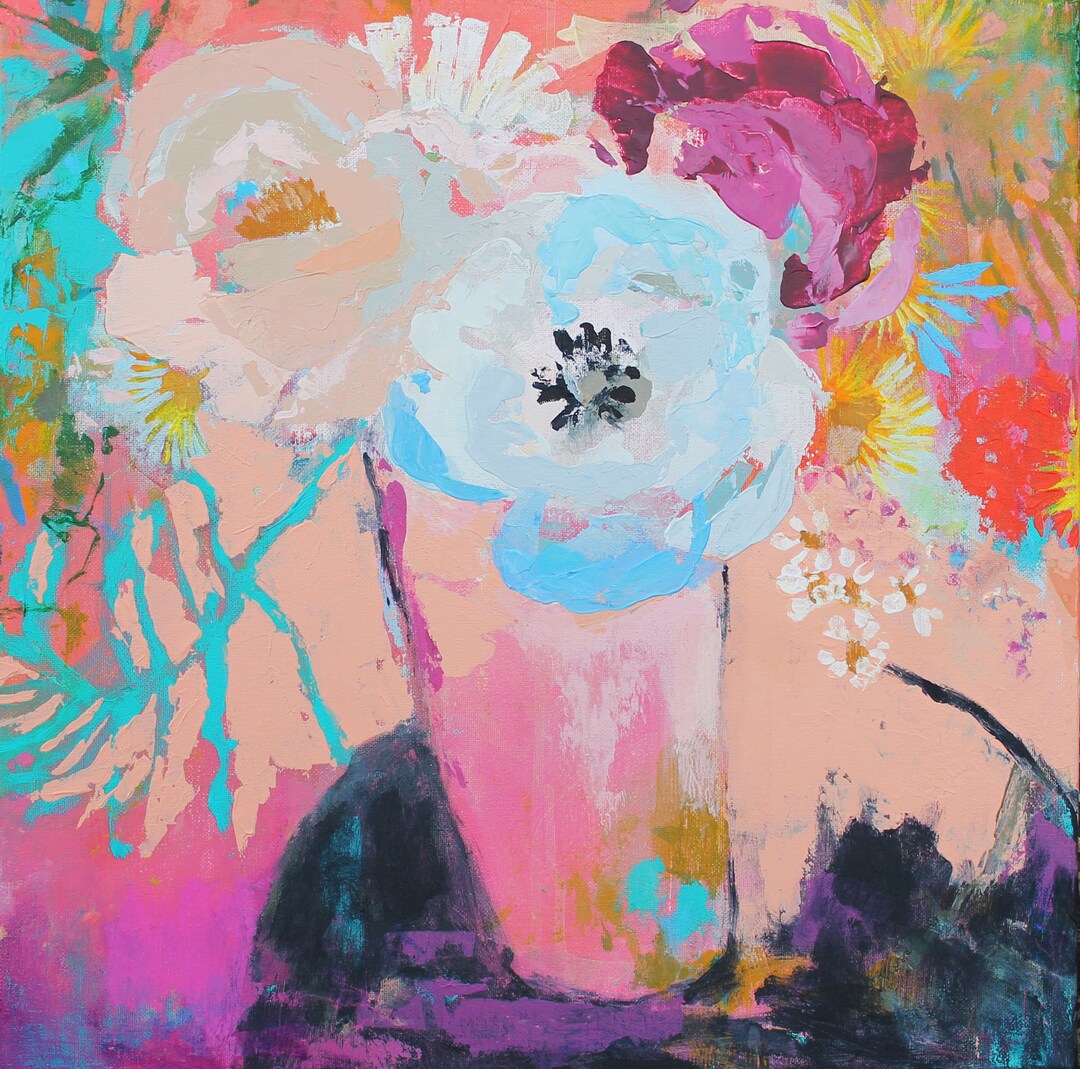 Colorful Floral Artwork, Original Painting, Flowers in Vase, Maximalist ...
