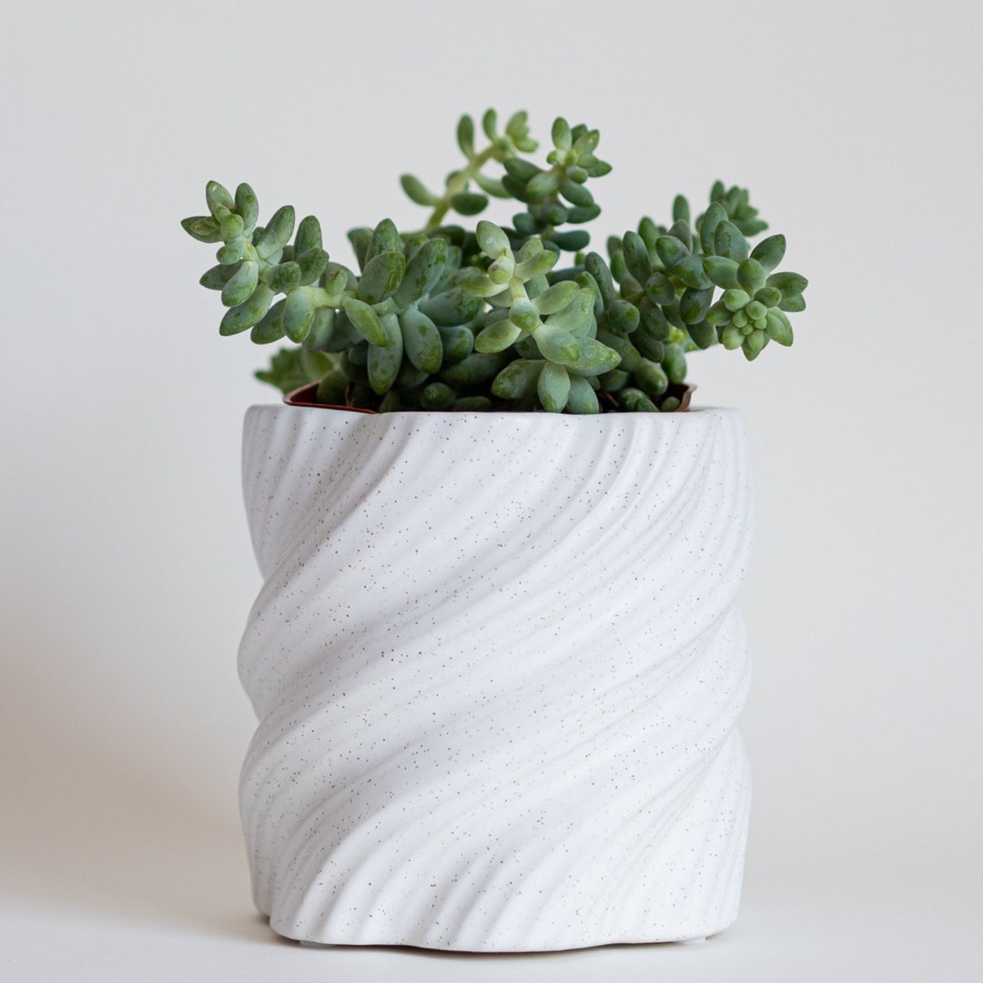 Spiral Planter Swirl Twist Speckled Matte White Ceramic W/ Drainage ...