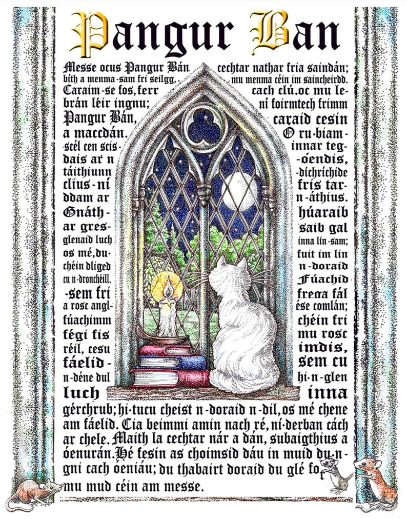 Pangur Ban - English Text or Original Old Irish Text-original Art Print ...