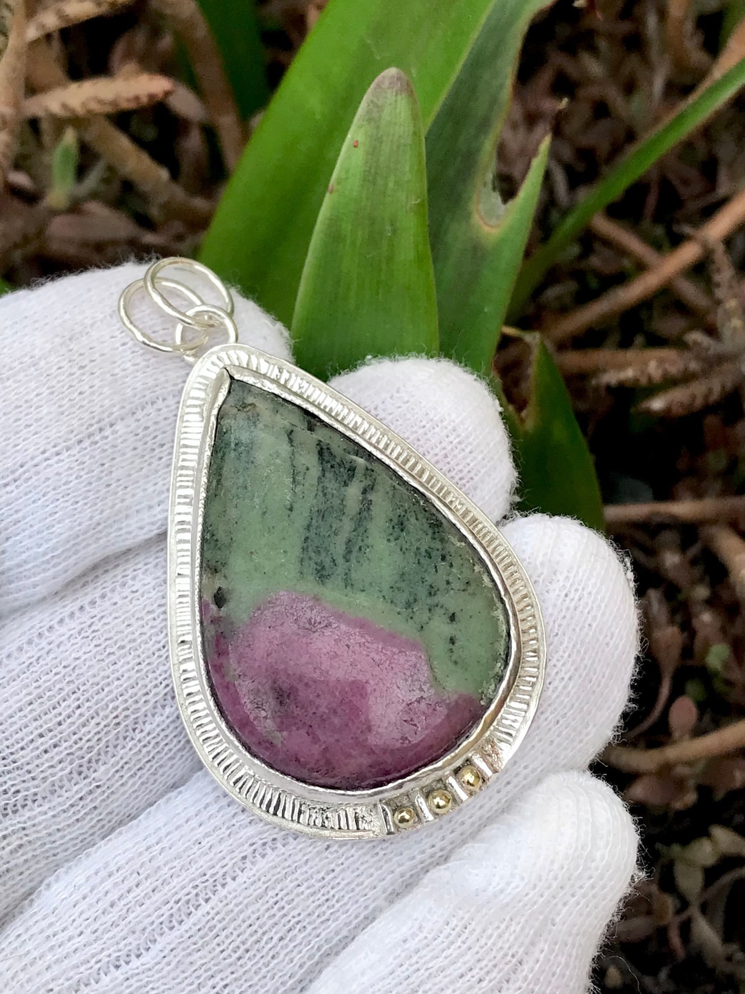 Sterling Silver & 14K Gold Ruby Zoisite Pendant Carved Pendant Artisan ...
