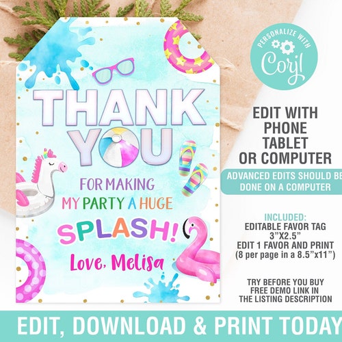 Pool Party Favor Tag EDITABLE Thank You Tags Pool Party - Etsy