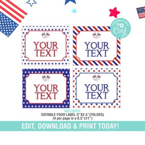 July 4th Editable Food Labels, Buffet Tags,food Tent Cards, DIY 4th ...