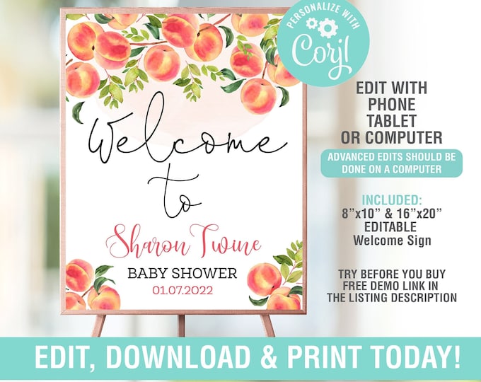 Peach Baby Shower Welcome Sign EDITABLE Sweet Little Peach - Etsy