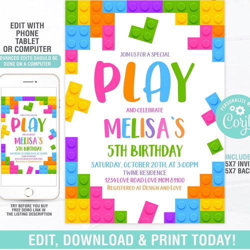 Building Blocks Birthday Invitation EDITABLE Brick Birthday - Etsy