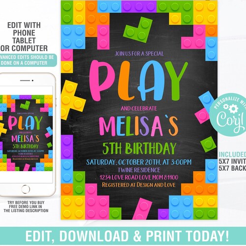 Building Blocks Birthday Invitation EDITABLE Brick Birthday - Etsy