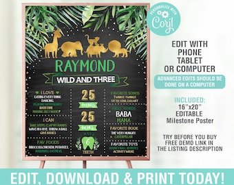 Editable Jungle Animals Milestone Birthday Poster Safari - Etsy