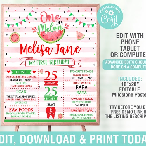 Editable Watermelon Milestone Birthday Poster Pink Watermelon - Etsy